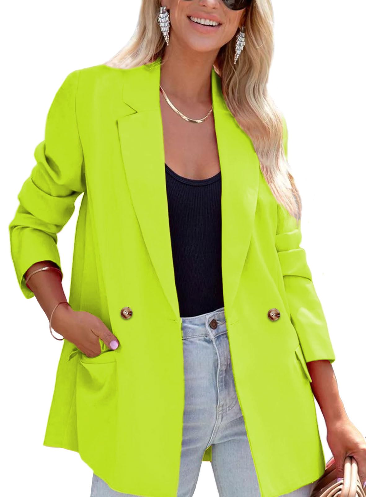 ARTFREE Womens Casual Blazer Button Lapel Long Sleeve Work Business Fashion Blazers Jackets Outfits with Pockets Fluorescent Green XS