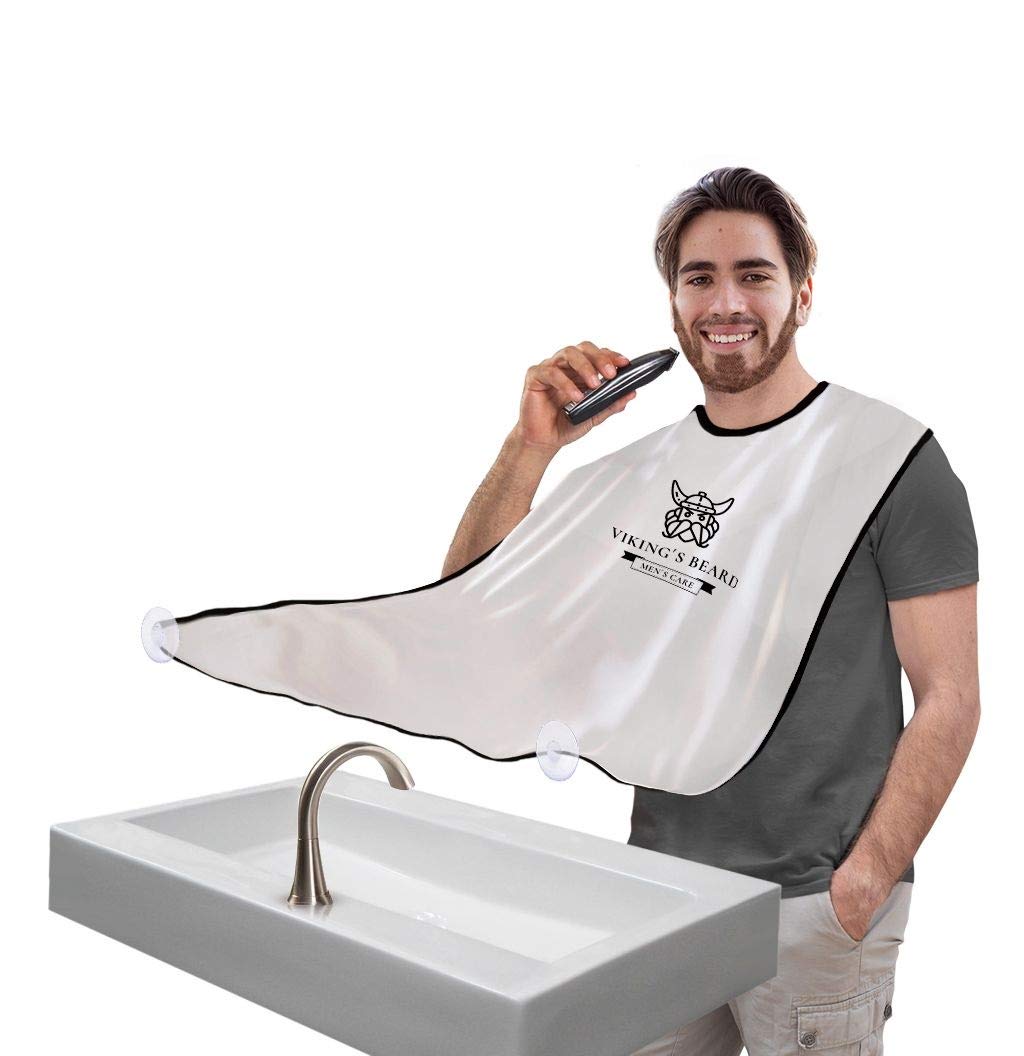 Beard Apron, Hair Clippings Catcher with Bag, Grooming Cape Apron, Beard Catcher for Shaving Trimming, Non-Stick Beard Cape- White