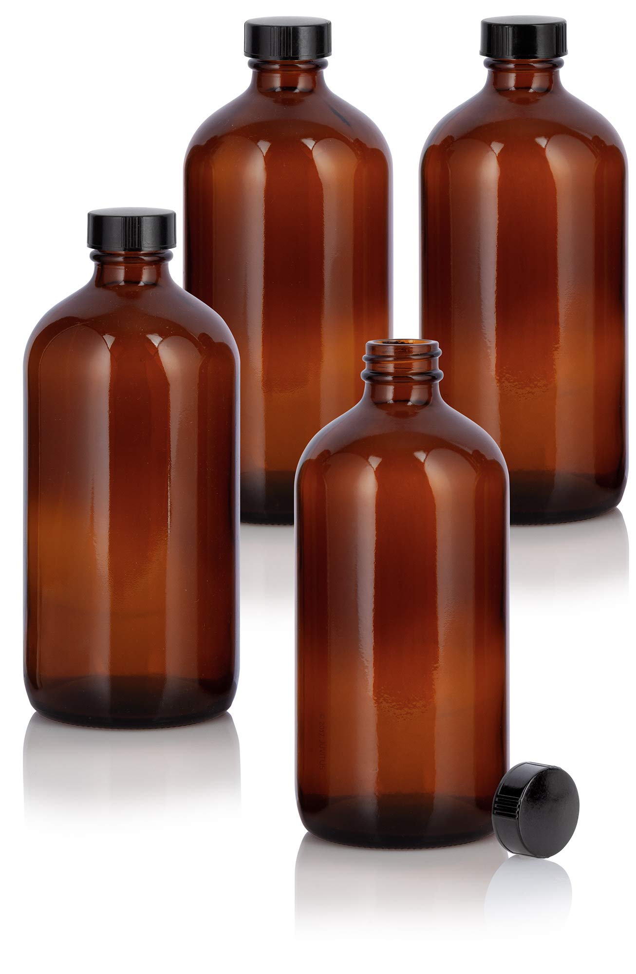 JUVITUS 16 oz Amber Glass Boston Round Bottle with Airtight Black Phenolic Cap (4 Pack)