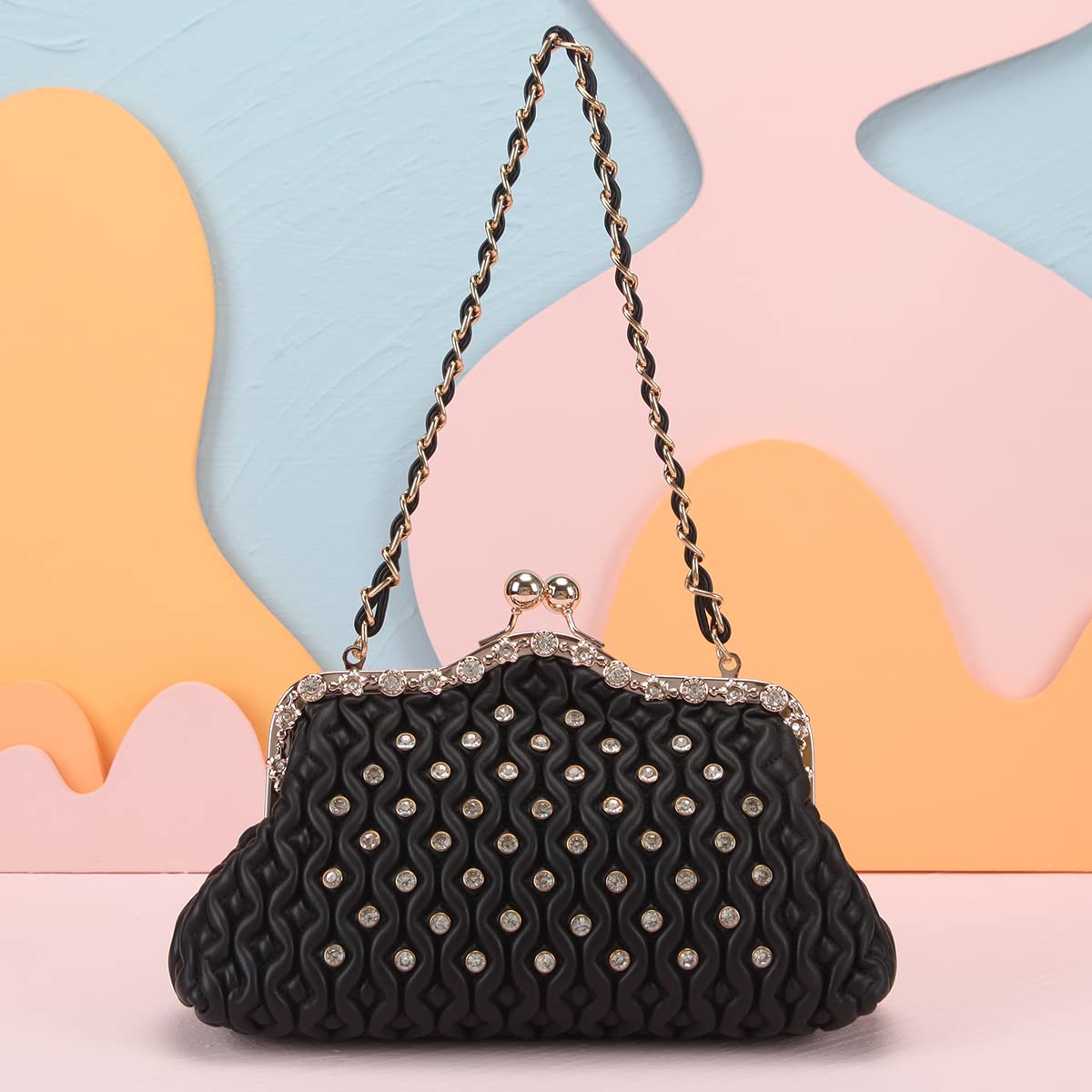 Fawziya Evening Clutch Purses For Women Formal Kiss Lock Crystal Leather Shoulder Bag-Black