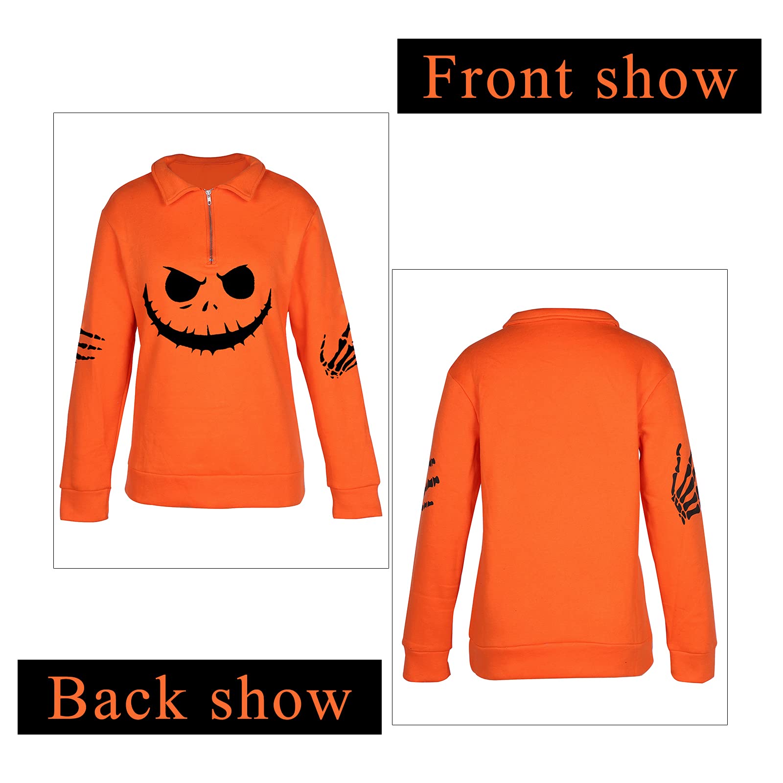 ASTANFY Halloween Sweatshirt for Women Pumpkin Tops Long Sleeve Shirts Half Zipper Lapel Casual Pullover Orange B, X-Large
