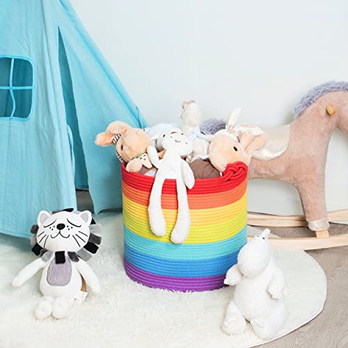 MINTWOOD Design 15 x 14.2 Inches Woven Cotton Rope Storage Basket, Stuffed Toy Basket Bin, Laundry Basket Hamper, Nursery Basket, Dog Toy Basket, Blanket Basket, Gift Basket, Rainbow