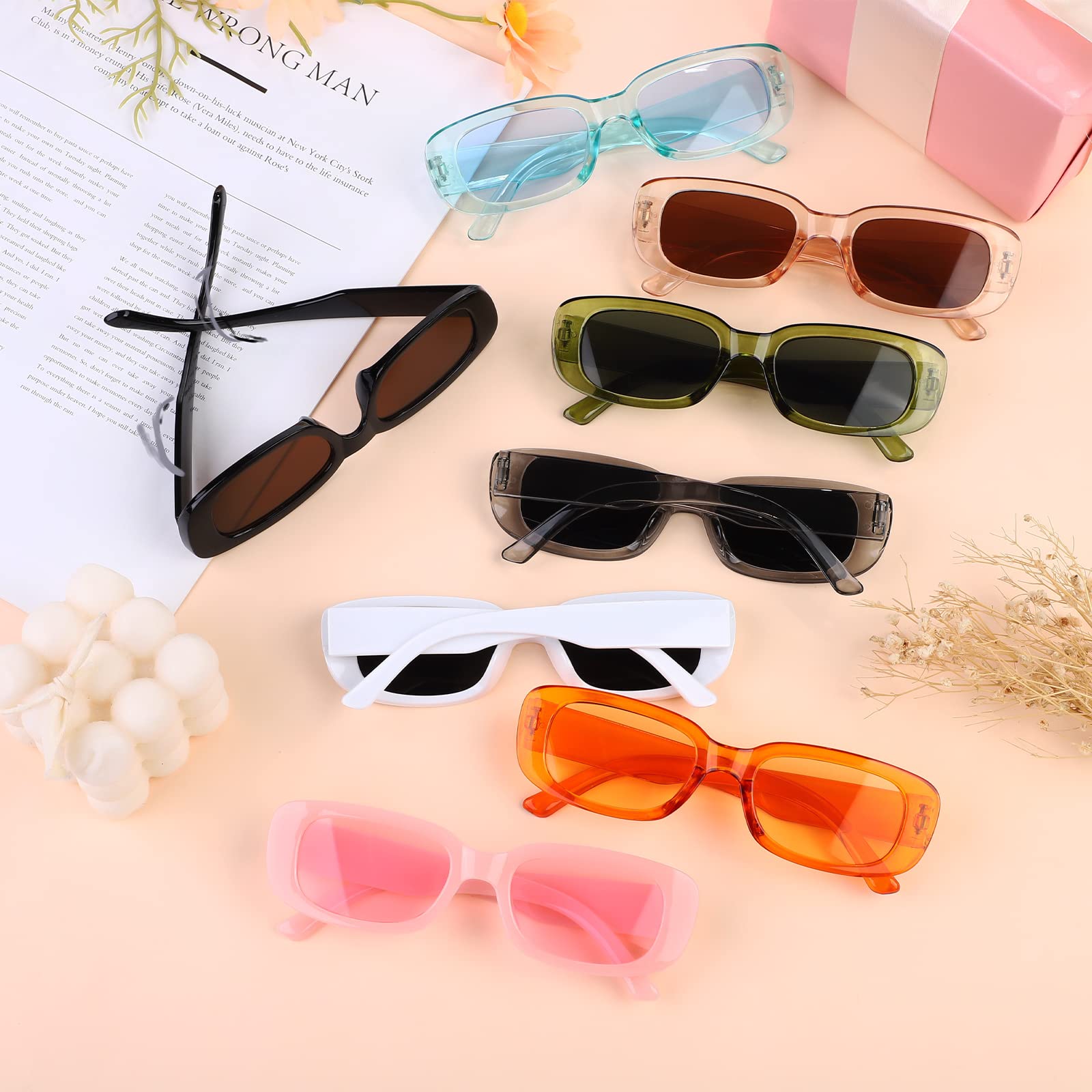 Aodaer 20 Pack Small Rectangle Sunglasses 90s Vintage Square Eyewear Retro Trendy Wide Frame Sunglasses for Women Girls