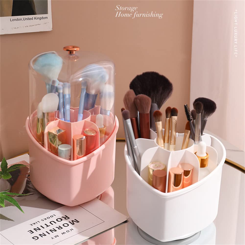 Birsppy Srutirbo Makeup Brush Holder 360 Degree Rotating Brush Organizer with Clear Lid, Brush Storage Box Dust Proof Makeup Organizer for Bathroom, Vanity, Makeup Container (Heart White)