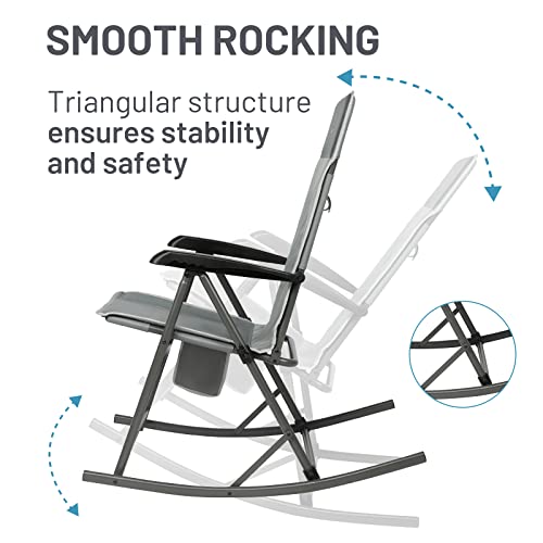 TIMBER RIDGE Padded High Back Folding Rocker Side Pocket Portable Rocking Lawn Chair Foldable for Camping Patio Garden, Supports 300 LBS, Grey