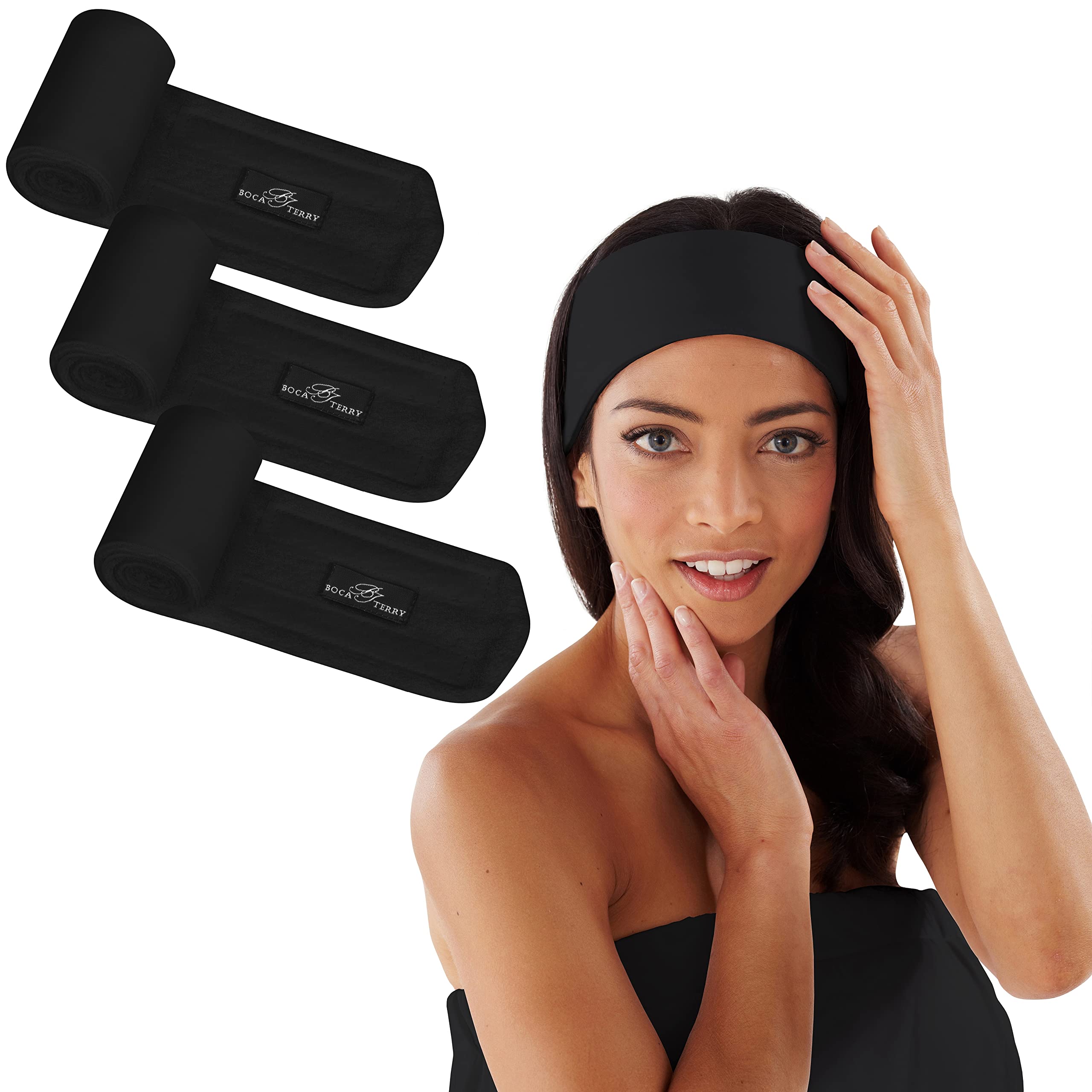 Boca Terry Spa Headband, Head Wrap for Facial, Washing Face or Makeup Hair Band, Soft Microfiber Head Band for Women with Terry Cloth Lining, 3-Pack - White