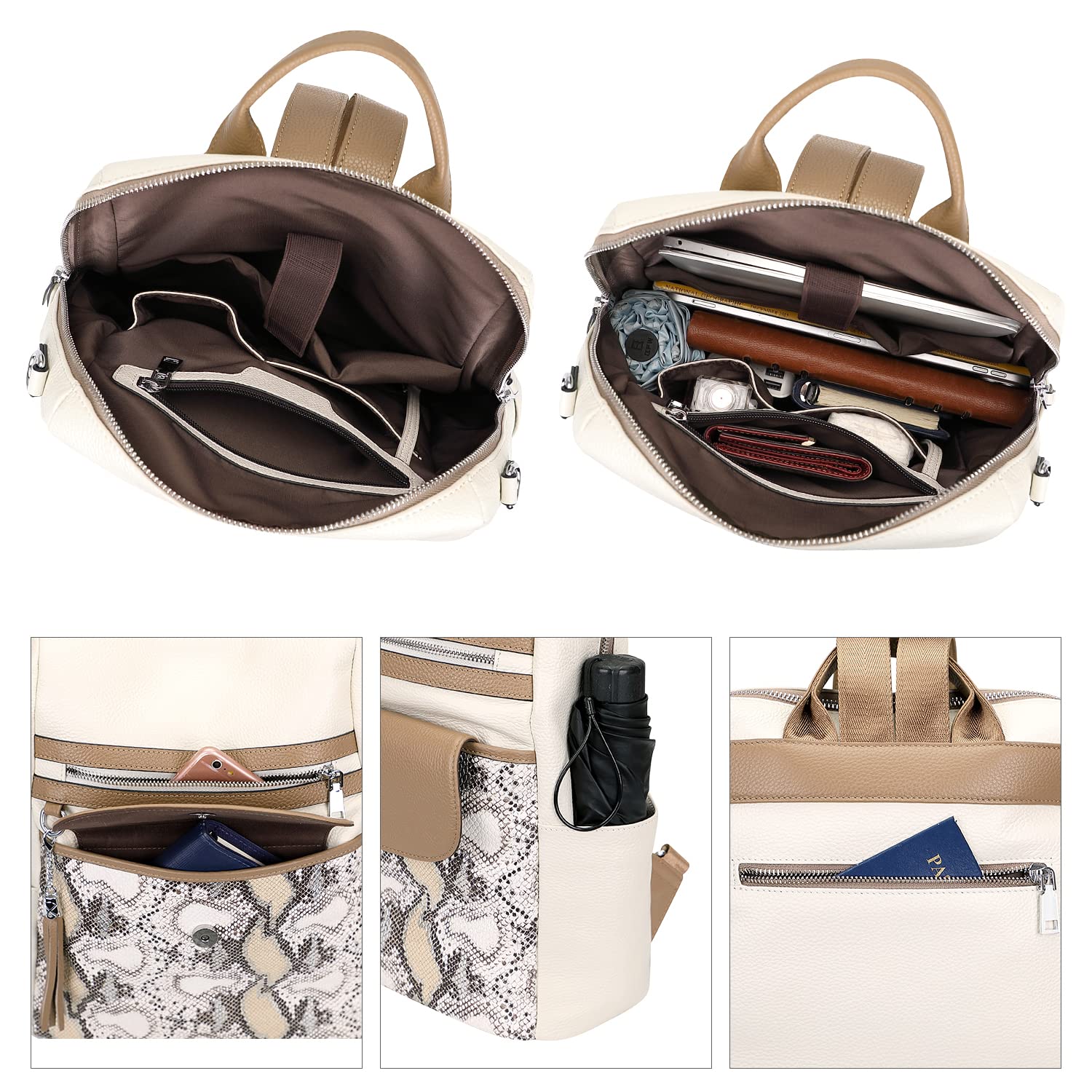 ALTOSY Genuine Leather Backpack Purse for Women Large Convertible Shoulder bag Ladies Crossdody Bag with Tassel(S115 White/Dark Khaki/Gold Python)