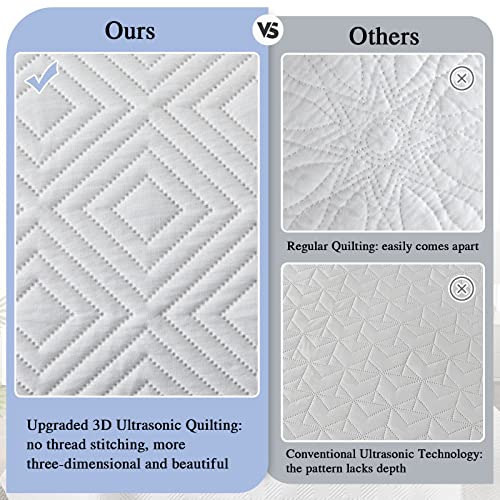 Qucover White Quilt Set California King, Soft Microfiber King Size Quilt Sets Oversized, 3D Ultrasonic Geometric Pattern Lightweight Summer Cal King Quilt 118x106, and 2 Pillow Shams