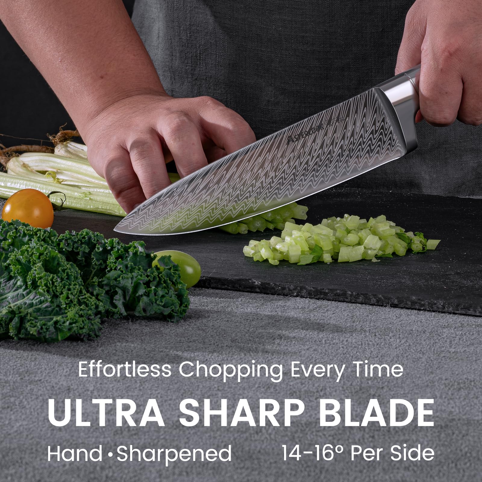 Astercook Knife Set, 20 Pieces Damascus Kitchen Knife Set with Block, Built-in Knife Sharpener, German Stainless Steel Knife Block Set, Dishwasher Safe