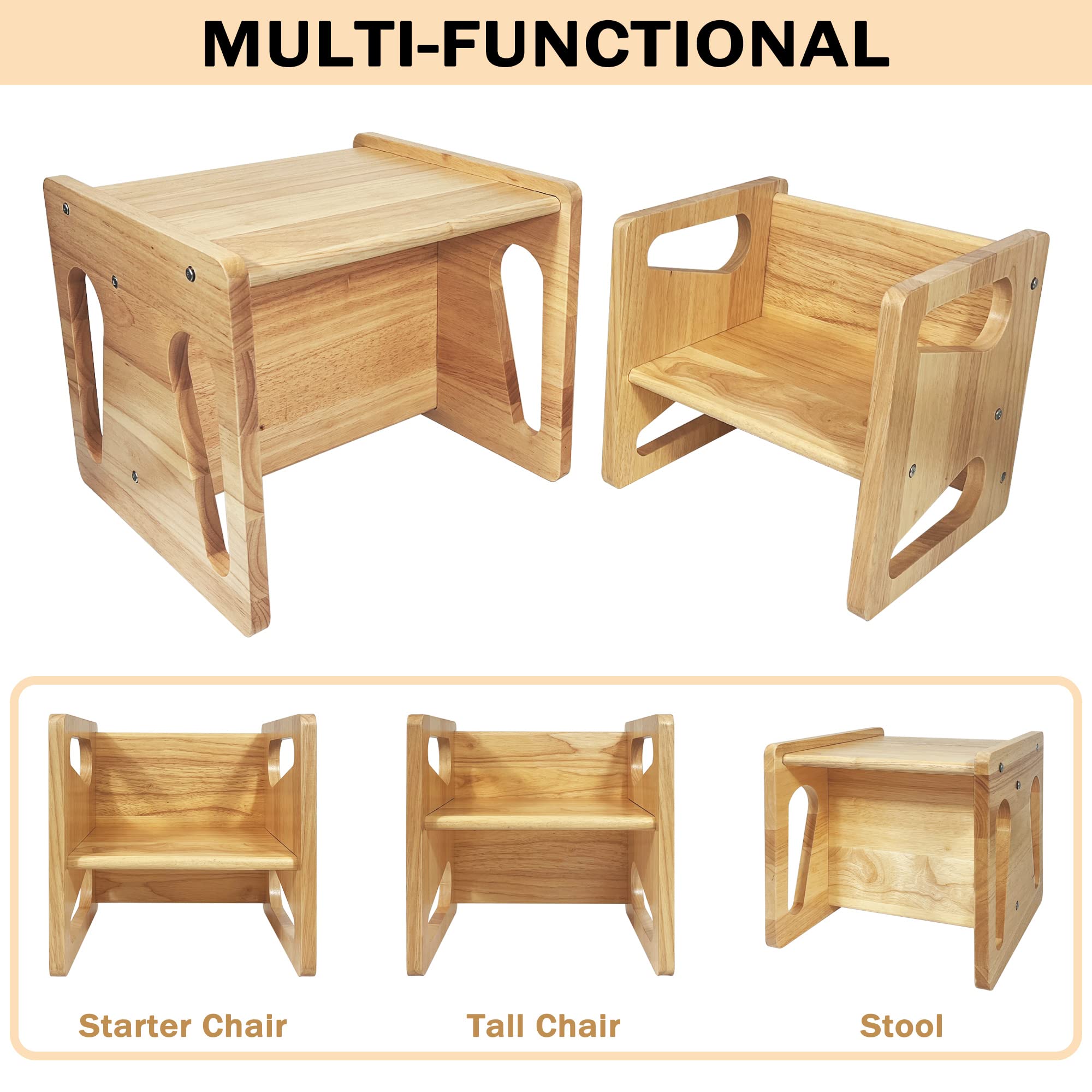 Royxen Montessori Weaning Table and Chair Solid Wood Toddler Table and Chair Set 2 Level Height, Cube Chairs for Toddlers