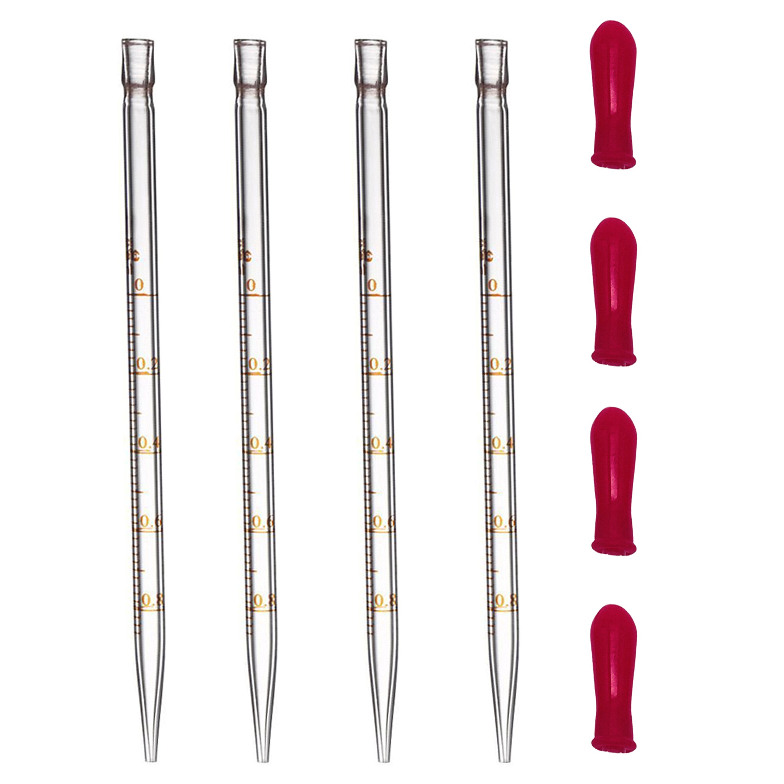 OESS Thick Glass Graduated Dropper Pipettes 1ml with Red Rubber Caps Pk/4