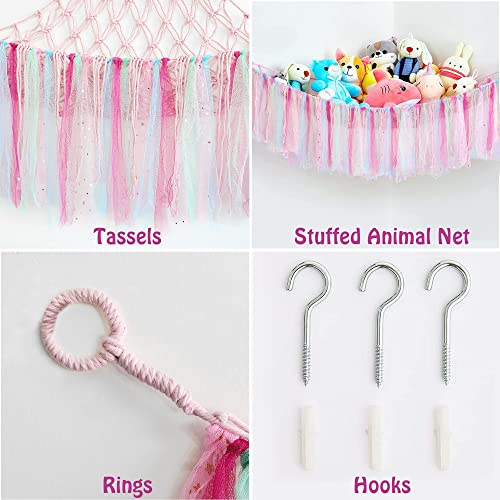 Pink Stuffed Animal Net Hammock, Toy Hammock Hanging Stuffed for Animal Storage with Tassels for for Flat Wall,Nursery Play Room, Kids Girl Bedroom Decor