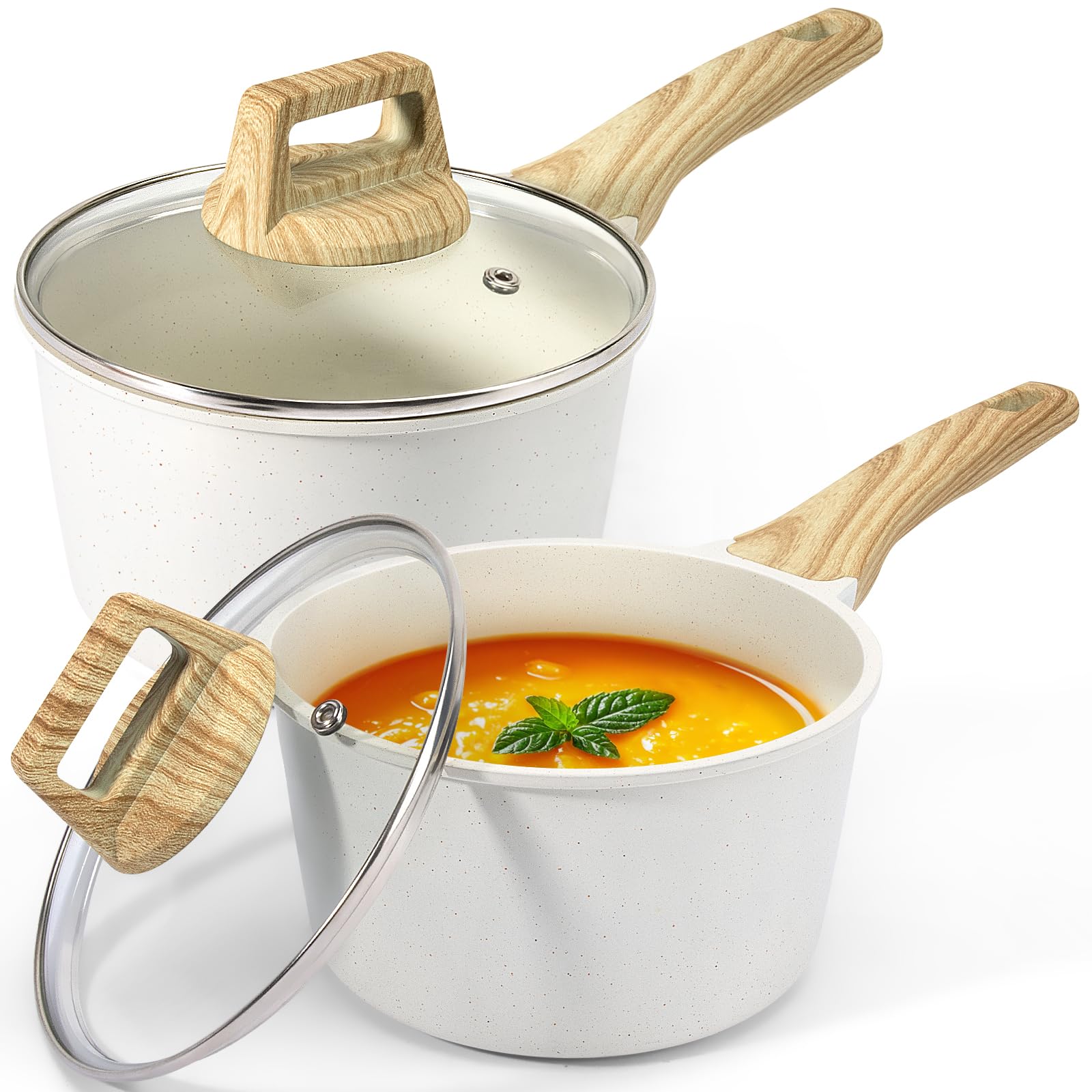 GiPP 1.5Qt & 2.5Qt Sauce Pan Set with Lid Nonstick - White Granite Non Stick Saucepan 4Pcs Sauce Pots Cooking Pot with Stay-cool Handle, Small Kitchen Pots Set Induction Pot, PFOA Free