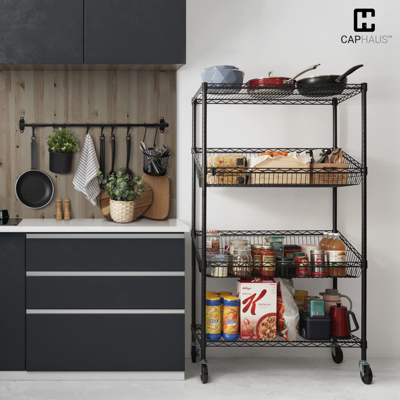 CAPHAUS NSF Commercial Heavy Duty 4 Tier Wire Shelving w/Two Trapezoid Baskets, Wheels, Leveling Feet, Storage Metal Shelf, Basement Garage Shelving Storage, Utility Wire Rack Storage Shelving Black