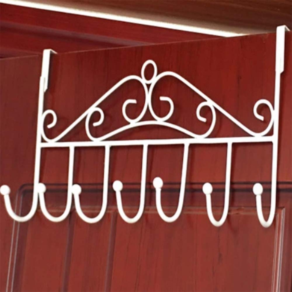 Decorative Over Door Hooks with 7 Hooks - Hanging Storage Rack for Clothes, Hats, Purses, and More - Sturdy Metal Over The Door Towel Hook for Bedroom, Bathroom, and Closet (White)