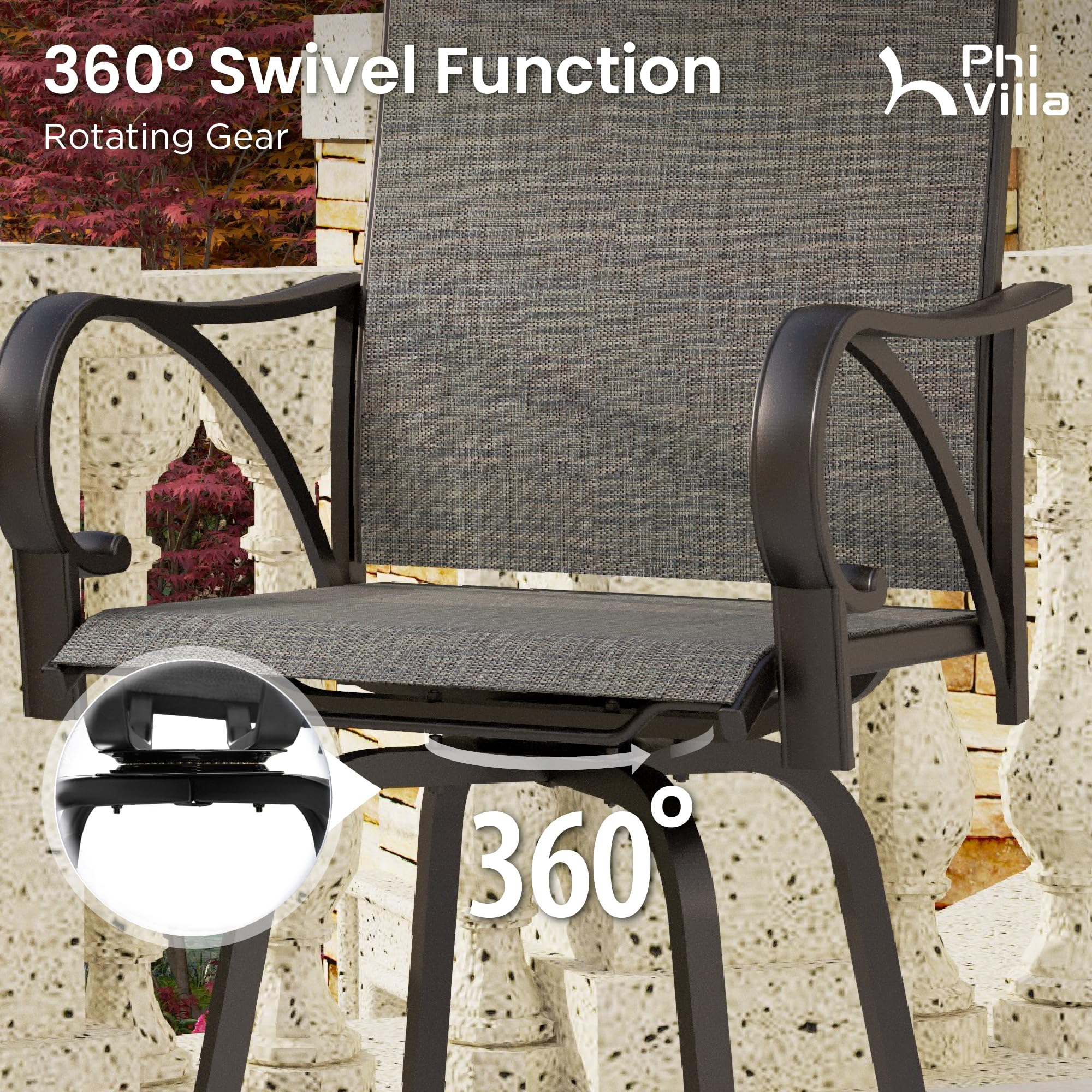 PHI VILLA 5 Piece Bar Height Patio Dining Set, Outdoor Table Chair Bar Set for 4 with Outdoor Swivel Bar Stool Chair and Large Metal Bar Table