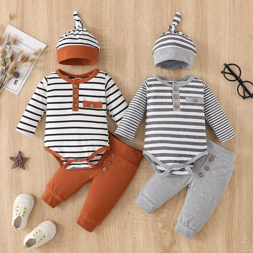 Baby Boy Clothes 0-3 Months Infant Fall Winter Outfits Long Sleeve Stripe Tops+Pants Set,Brown Boy Clothes 0-3M/60CM