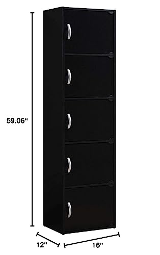 HODEDAH 5 Door Bookcase Cabinet, 5-Shelf, Black