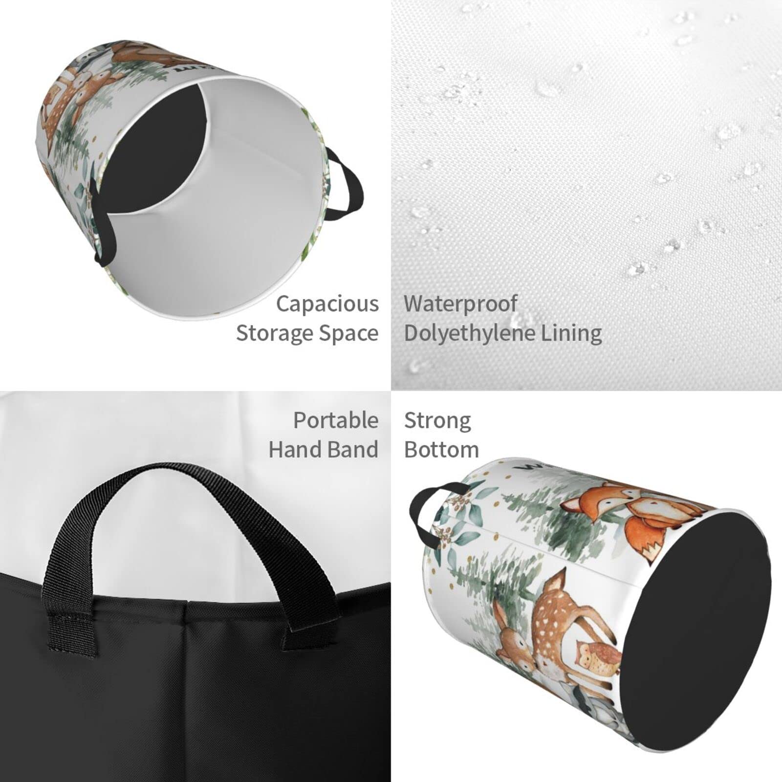 Woodland Animals Personalized Laundry Basket Name Clothes Hamper with Handles Waterproof Laundry Storage Baskets for Bedroom Bathroom Decor.