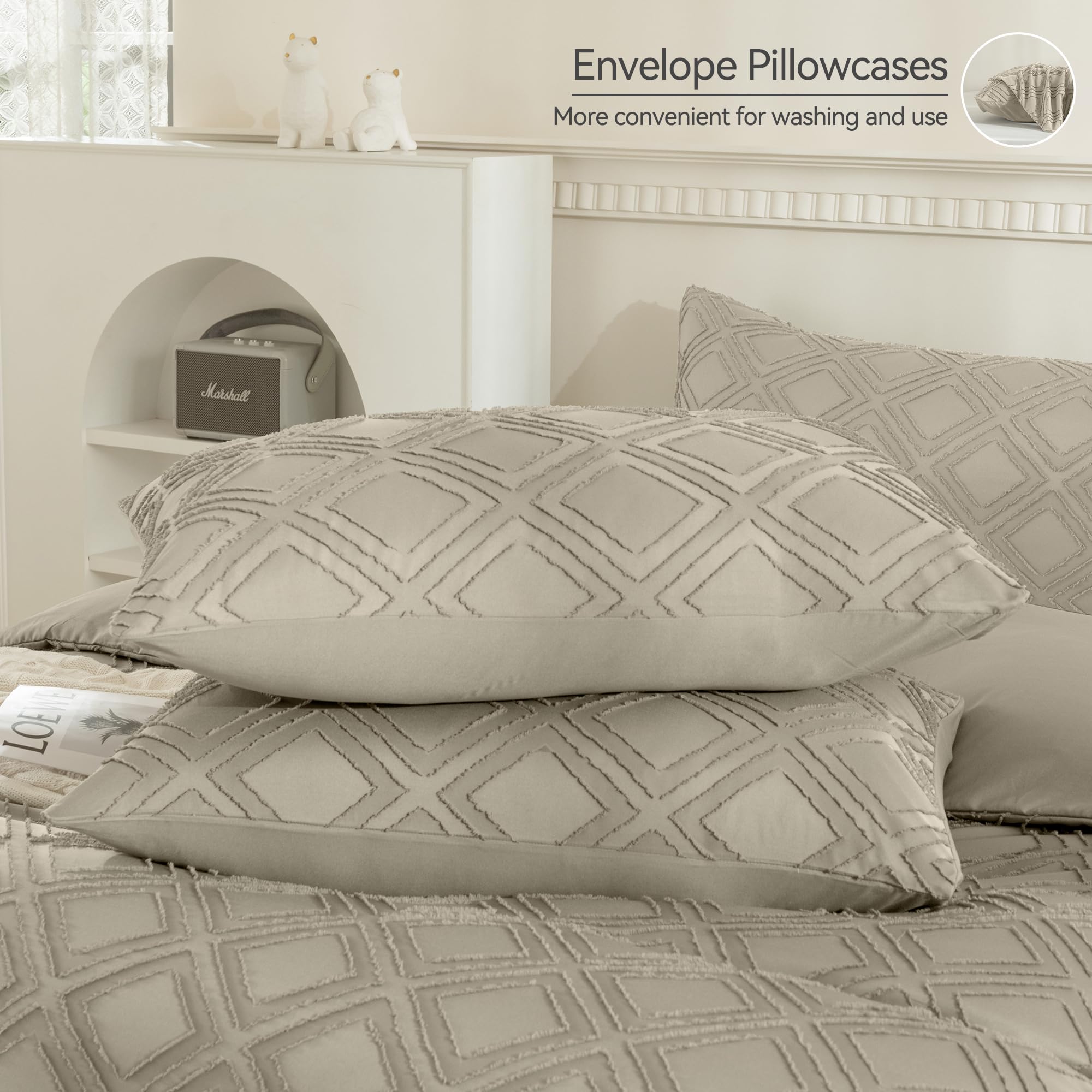 JELLYMONI Khaki Duvet Cover Twin Size - 3 PCS Microfiber Tufted Duvet Cover Set, Boho Textured Duvet Cover Jacquard Rhombus Geometric Pattern Duvet Cover with Corner Ties & Zipper Closure