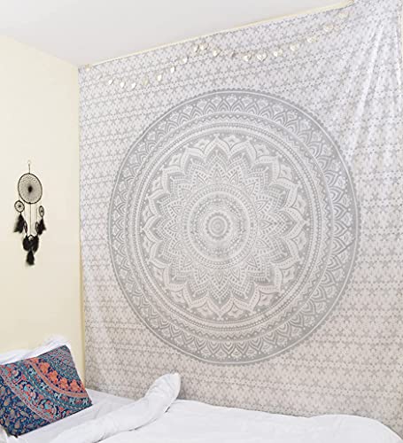 raajsee Glittering Silver Grey Tapestry Wall Hanging Mandala-Bohemian Room Decor-Indian Cotton Throw Hippie Tapestries -Queen Bedspread 82x92 inches