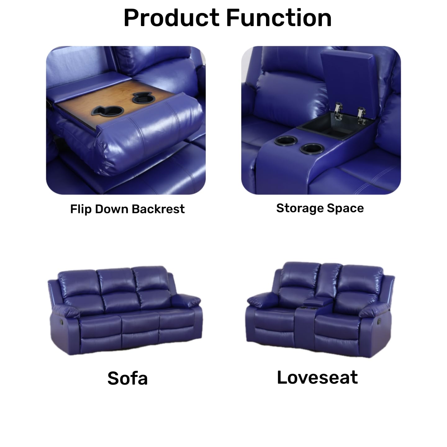 Caberryne 2 Pieces Leather Recliner Sofa Set,Recliner Sofa and Loveseat Sets for Living Room Furniture Sets,Dark Blue Recliner Couch Set for Living Room/Office/Theater Seating(Sofa Set 2 Pieces)