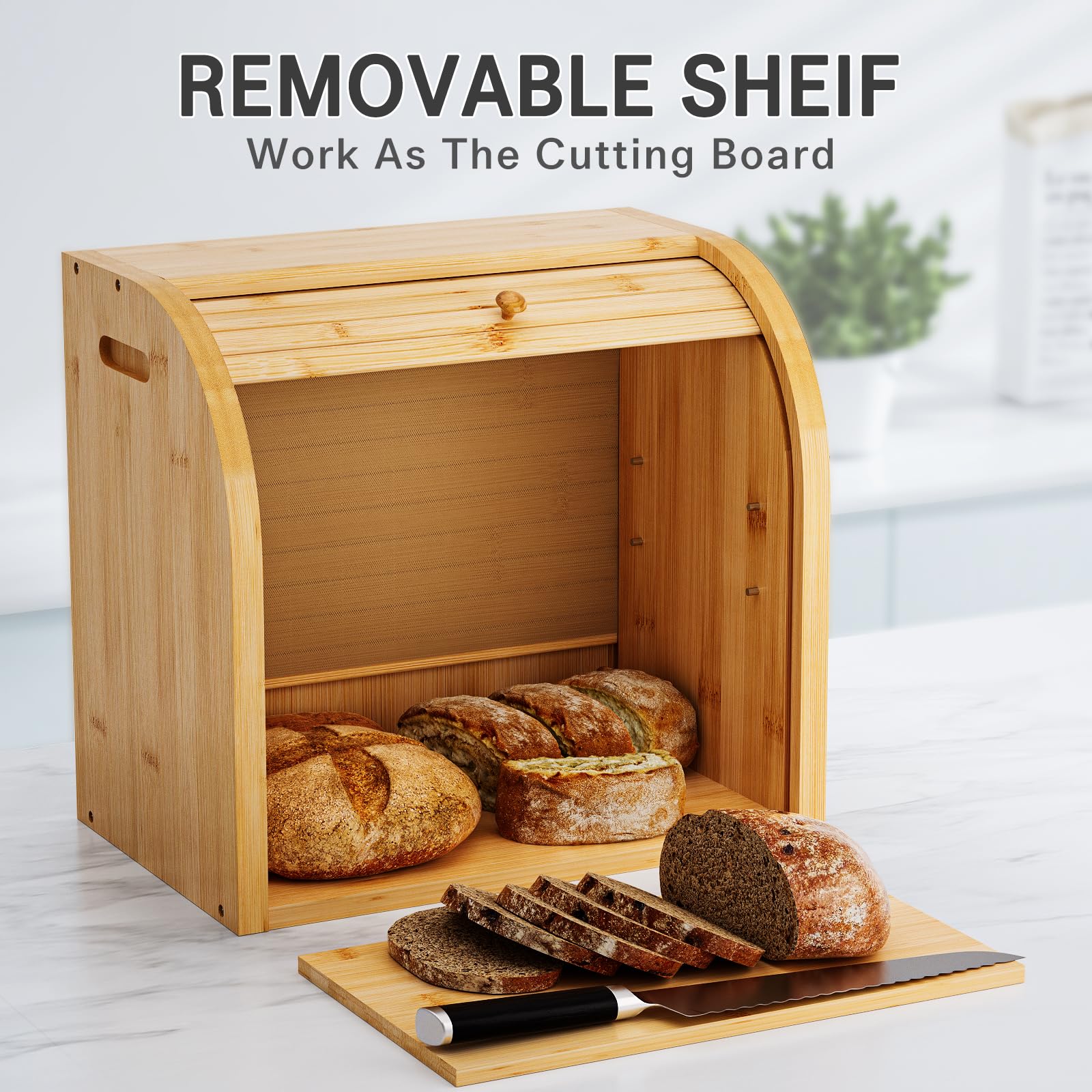 Merysen 2 Tier Bamboo Bread Box for Kitchen CountertopâBread Storage Holder, Large Capacity Bread Storage Container, with Removable Layer for Home Storage and Display (Self-assembly)