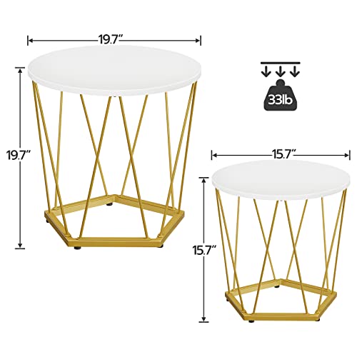 HOOBRO Round Coffee Table Set of 2, Gold Coffee End Table with Metal Frame, Small Coffee Table for Living Room Bedroom Balcony Yard, Modern Style, White and Gold, GD80BZ01
