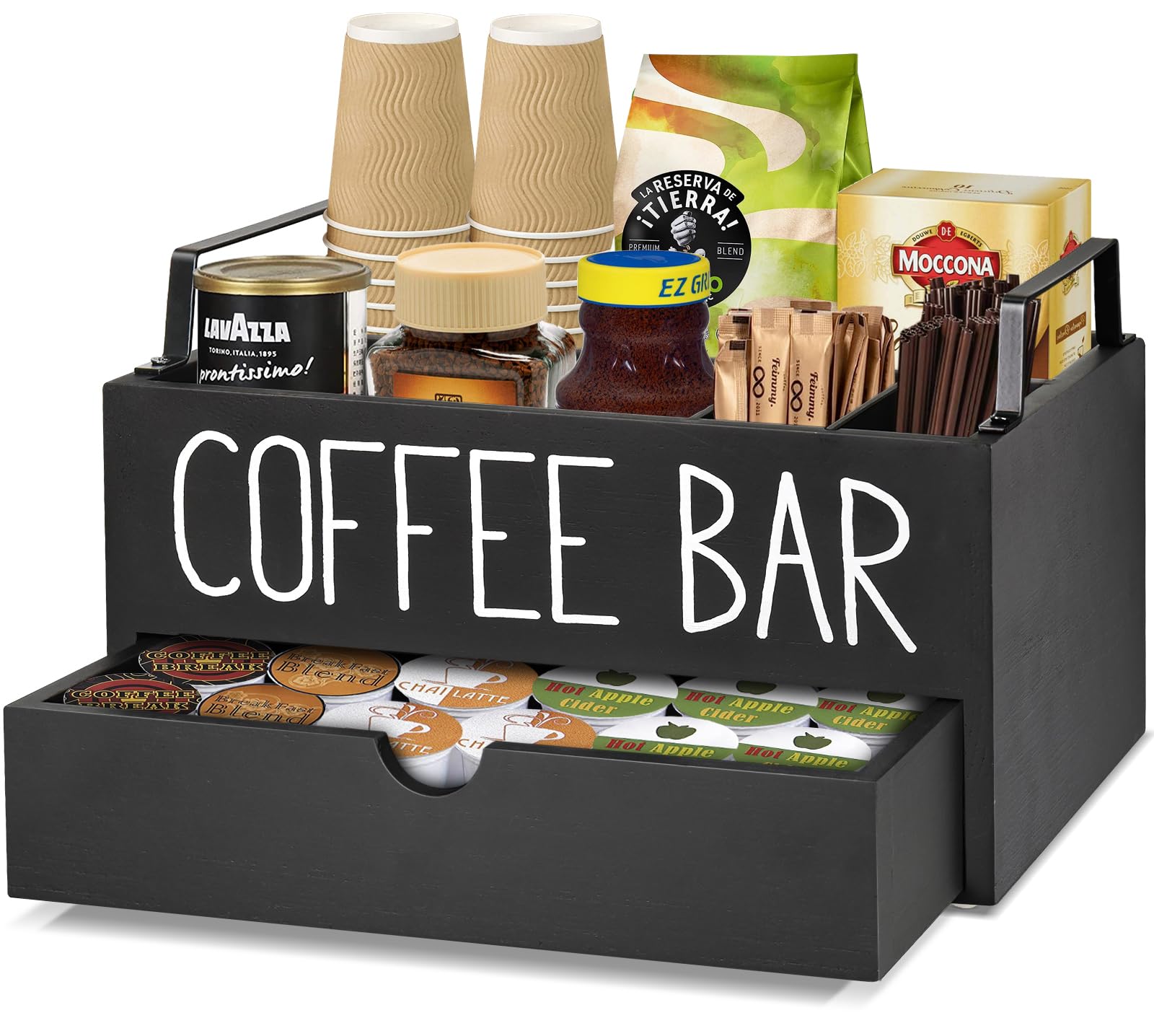 Coffee Station Organizer with Drawer, Wooden Coffee Bar Accessories Organizer for Counter, Farmhouse Kcup Coffee Pod Holder Storage Box with Handle, Coffee Bar Organizer Station for Coffee Bar Decor