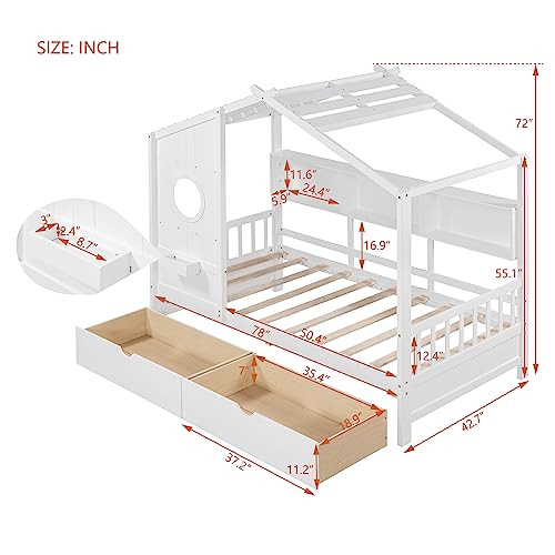 Demofit House Bed with 2 Drawers, Wooden Bed Frame with Storage Shelf and Roof for Bedroom,No Boxspring Required (Twin, White)