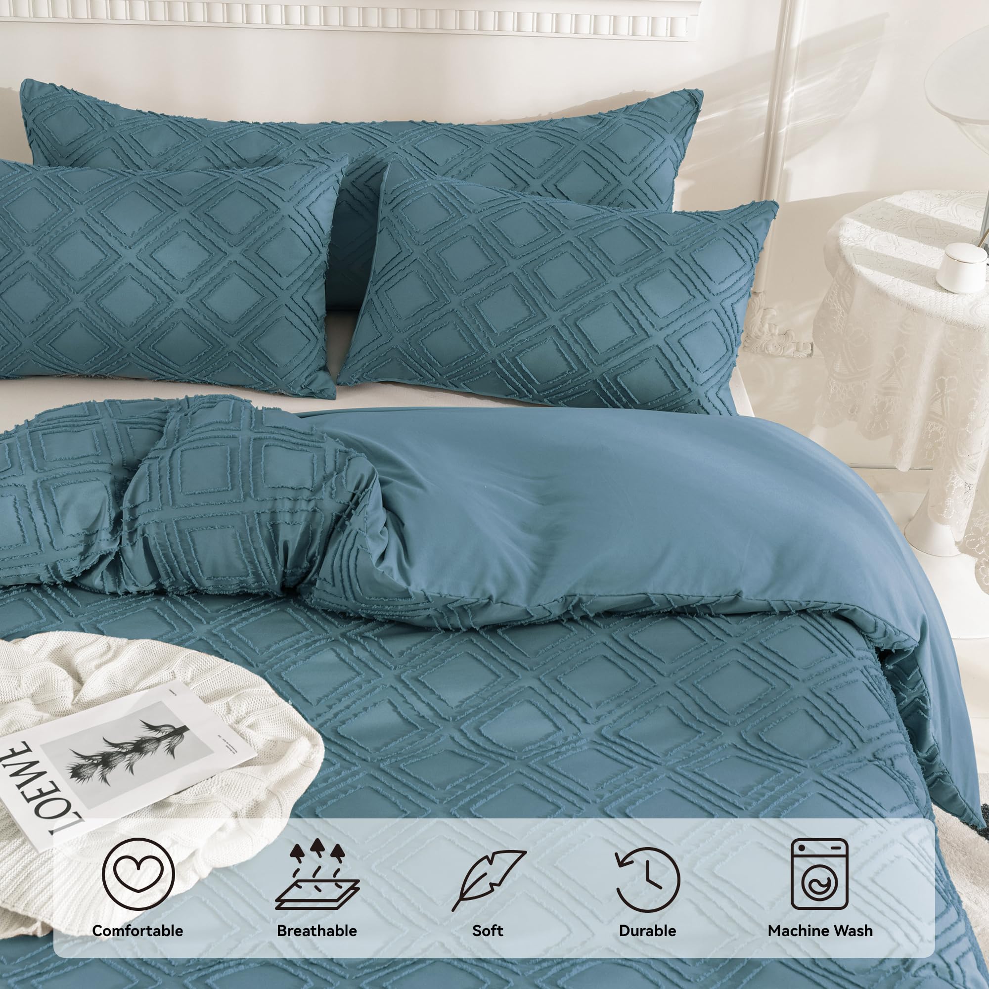 JELLYMONI Grayish Blue Duvet Cover Twin Size - 3 PCS Microfiber Tufted Duvet Cover Set, Boho Textured Duvet Cover Jacquard Rhombus Geometric Pattern Duvet Cover with Corner Ties & Zipper Closure