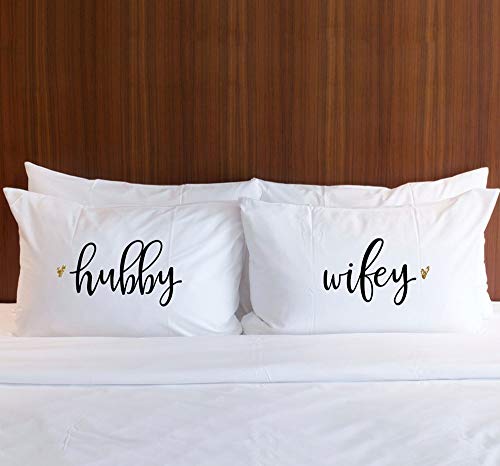 Pillowcases Wedding Gift - Hubby Wifey Pillowcase Set Soft Cotton Bedding Bedroom Decor Gold Glitter Gift for Bride at Bridal Shower or Anniversary for Him or Her