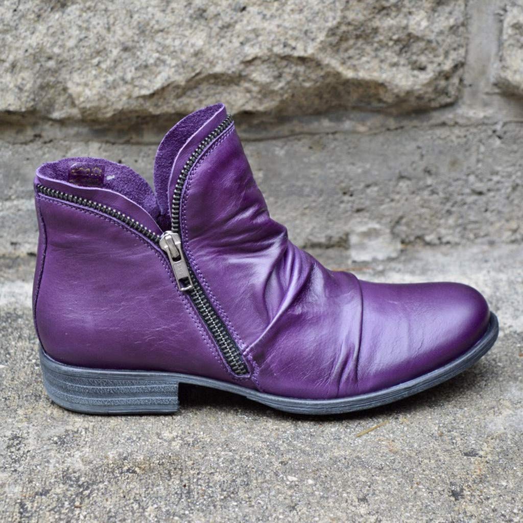 AODONG Ankle Boots for Women Low Heel Short Ankle Booties Zipper Platform Boots Round Toe Non-Slip Combat Womens Boots Purple