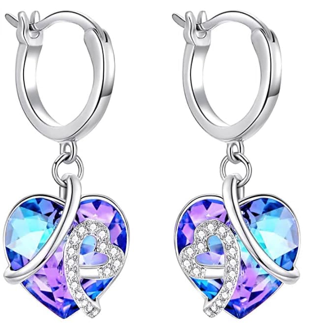 Austrian Purple Crystals Earrings Sterling Silver Heart Dangle Earrings Hoop Knot Earrings for Women Mother Day Jewelry Gift for Wife