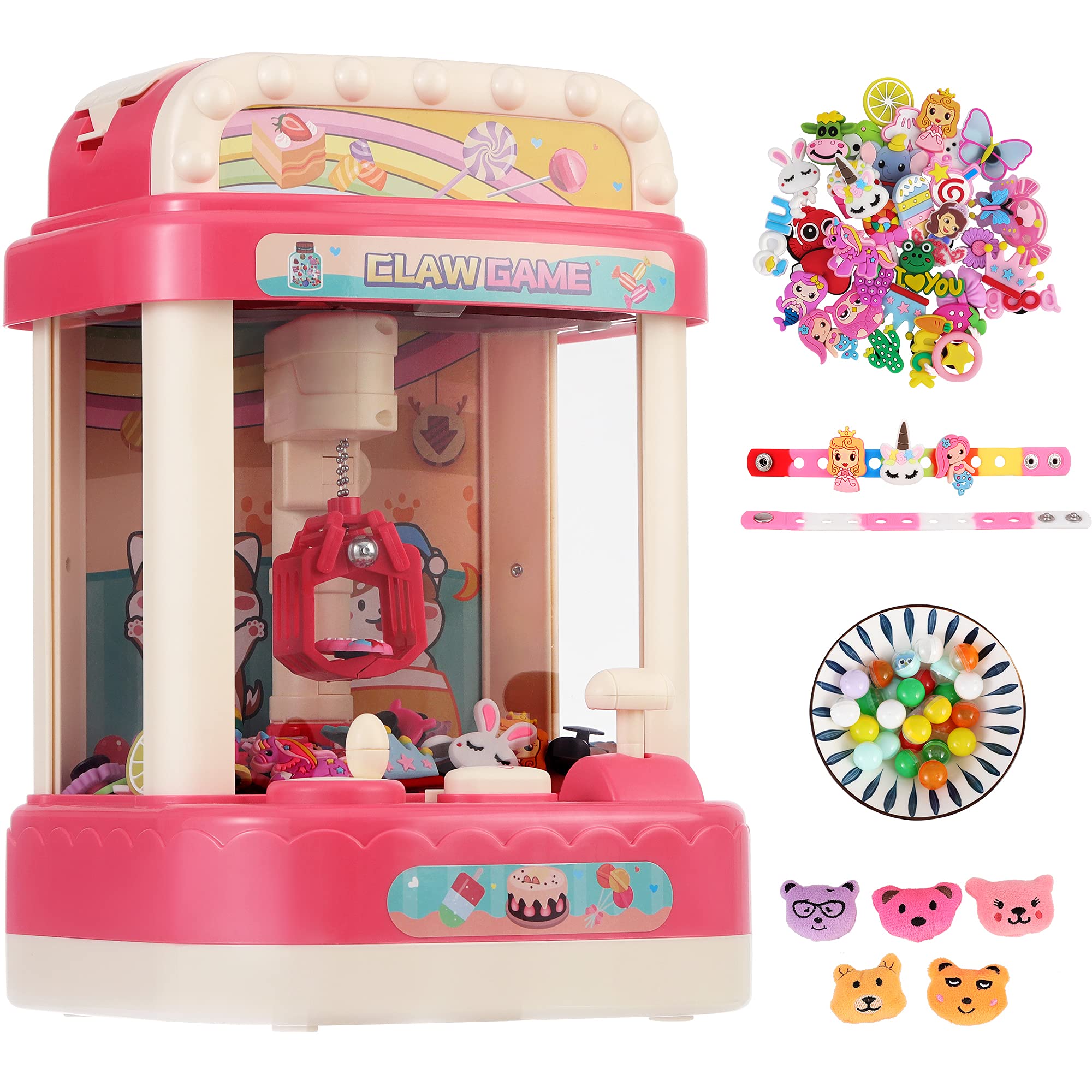 GcFoir Arcade Claw Machine Candy Crane Game Toy for Kids with Prizes Set - 50 Mini Toys Refill Prizes for Birthday (Pink)