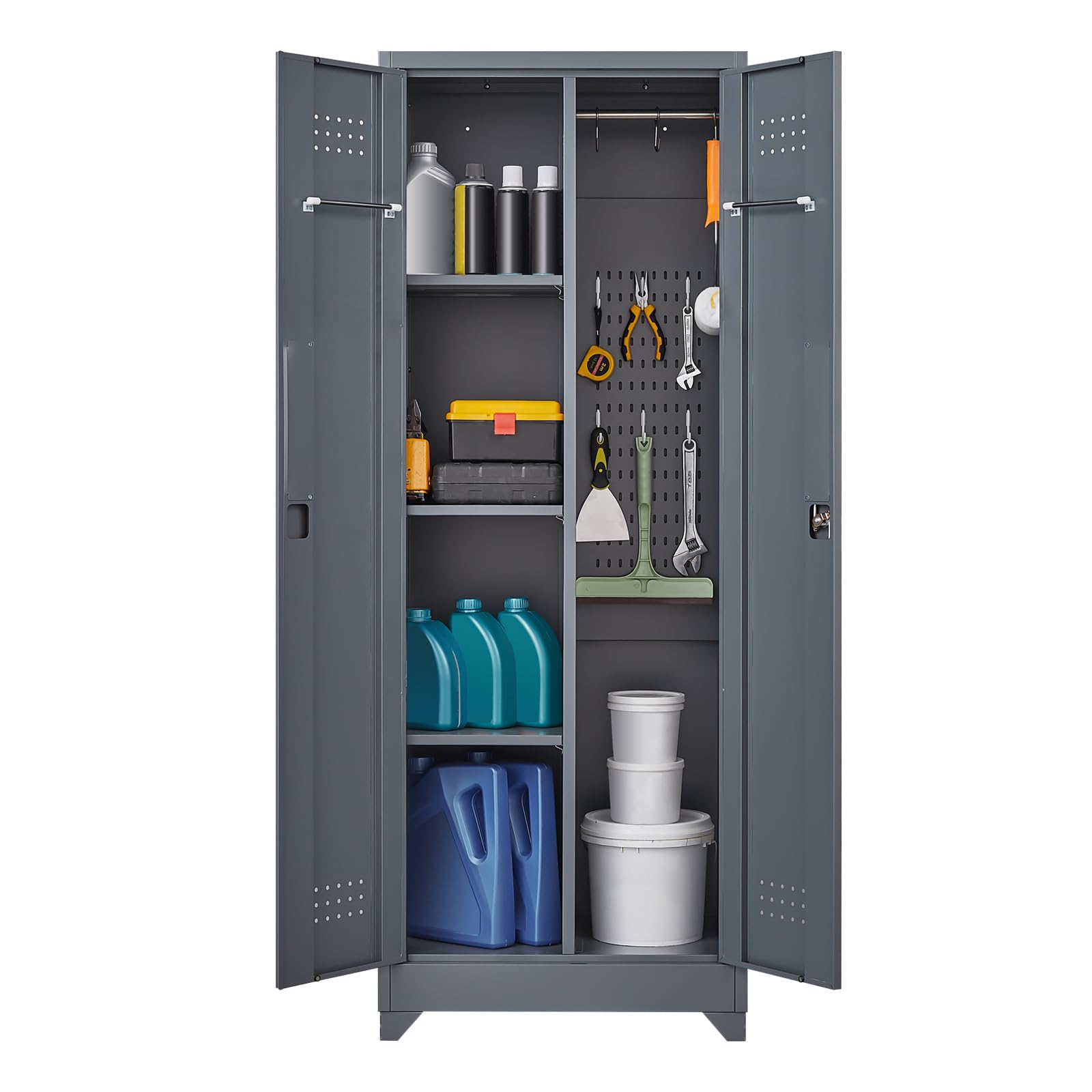 GREATMEET Broom Closet Storage Cabinet with Locking Doors,65" Metal Storage Cabinet with Hanging Rod,Garage Storage Cabinet Grey+White