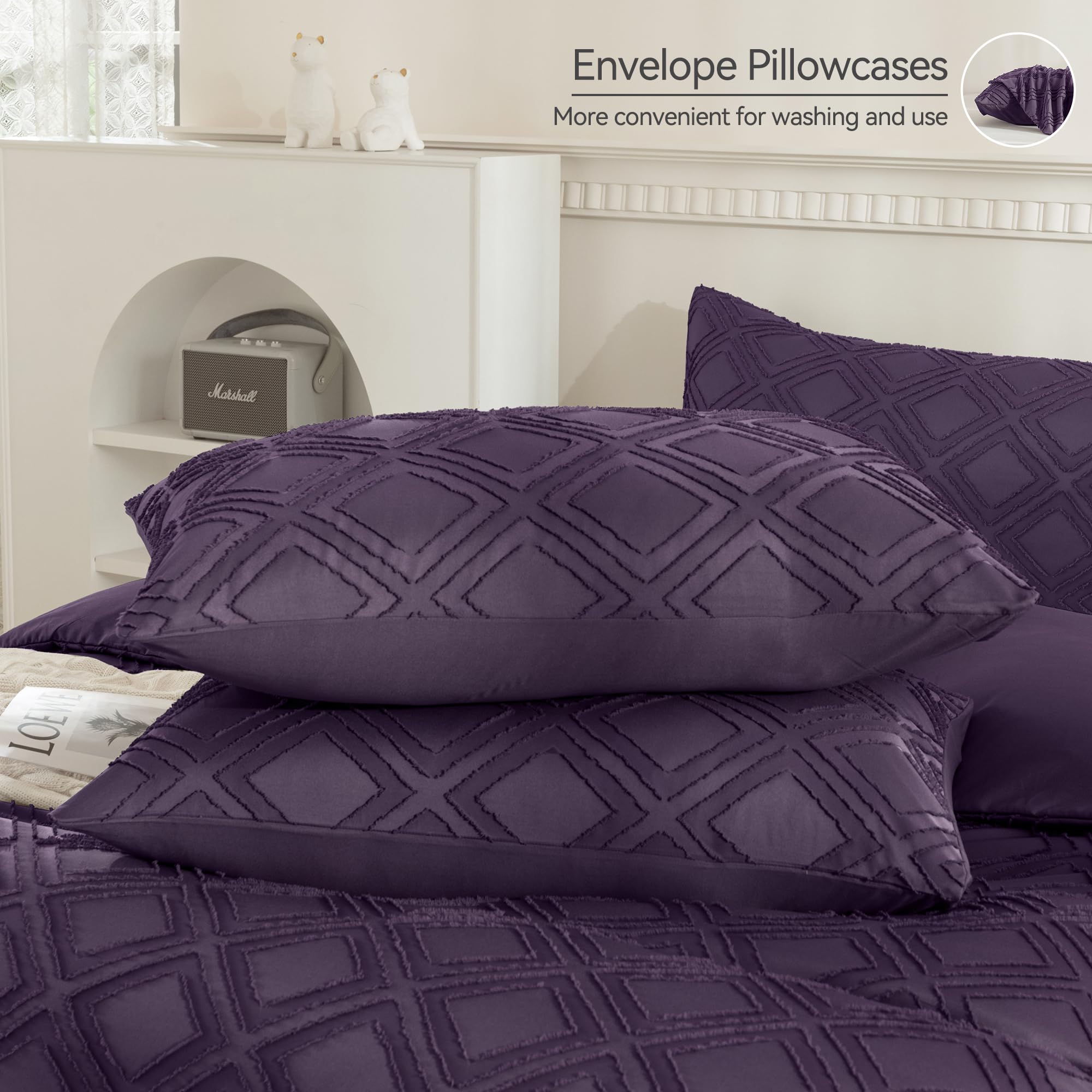 JELLYMONI Purple Duvet Cover Twin Size - 3 PCS Microfiber Tufted Duvet Cover Set, Boho Textured Duvet Cover Jacquard Rhombus Geometric Pattern Duvet Cover with Corner Ties & Zipper Closure