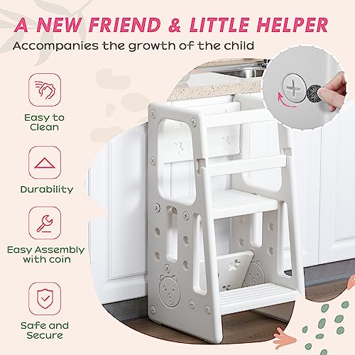 Qaba Toddler Tower with Adjustable Height, Toddler Kitchen Stool Helper with Anti-Slip Mat, Step Stool for Kitchen, Bathroom, White