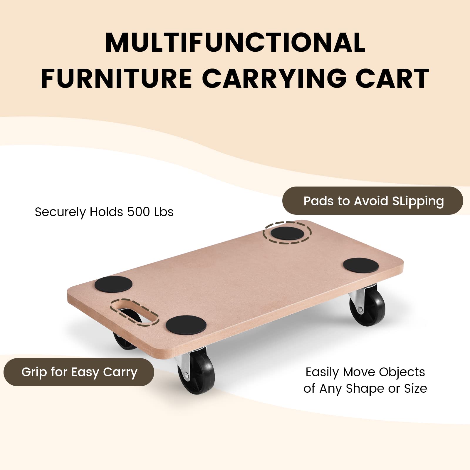 BOSEO Furniture Dolly, Securely Holds 500 Lbs Heavy Duty 4 Wheels Moving Dolly, Furniture Movers with Wheels for Piano Couch Fridge Heavy Items(23" x11.5" Platform)
