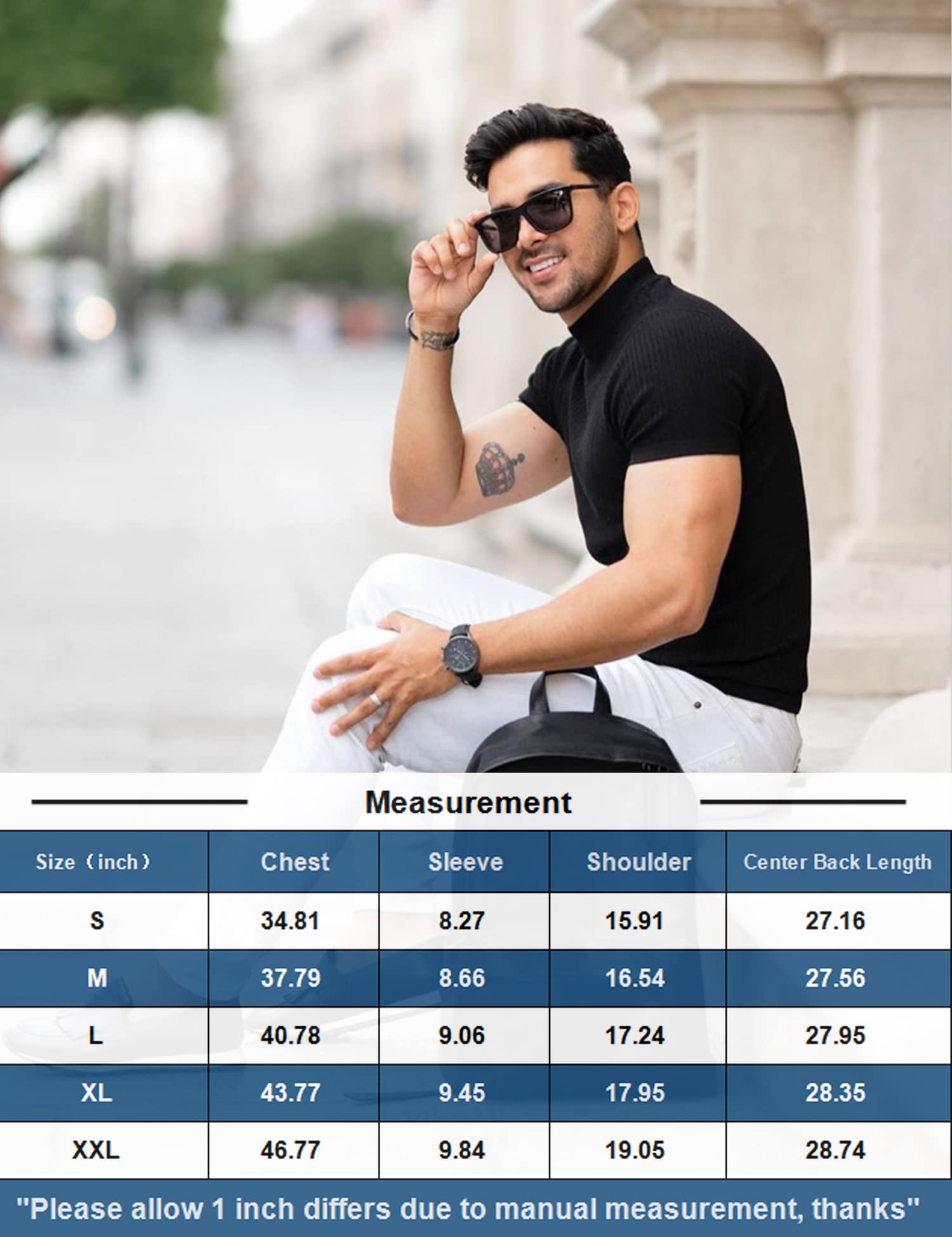 AstoSeu Men's Turtleneck T-Shirts Slim Fit Short Sleeve Basic Tops Lightweight Mockneck Sweater Black S