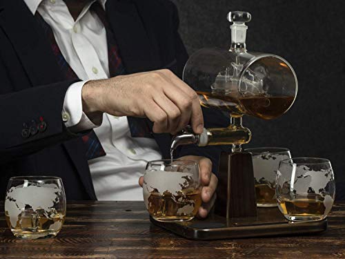 Whiskey & Wine Decanter Gifts for Men & Dad, Ship Decanter 1000ml, Set with 4 Globe Drinking Glasses - Cool Liquor Dispenser for Home Bar Unique Birthday Gift Ideas from Wife, Daughter, Son Present