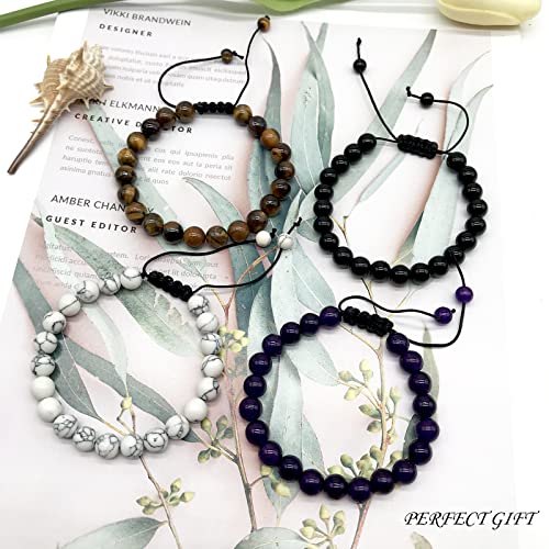 JEWPARK 10 PCS 8mm Semi-Precious Gemstone Bracelet Set Healing Crystal Stone Bracelets for Men Women Round Beaded Adjustable Macrame Bracelets