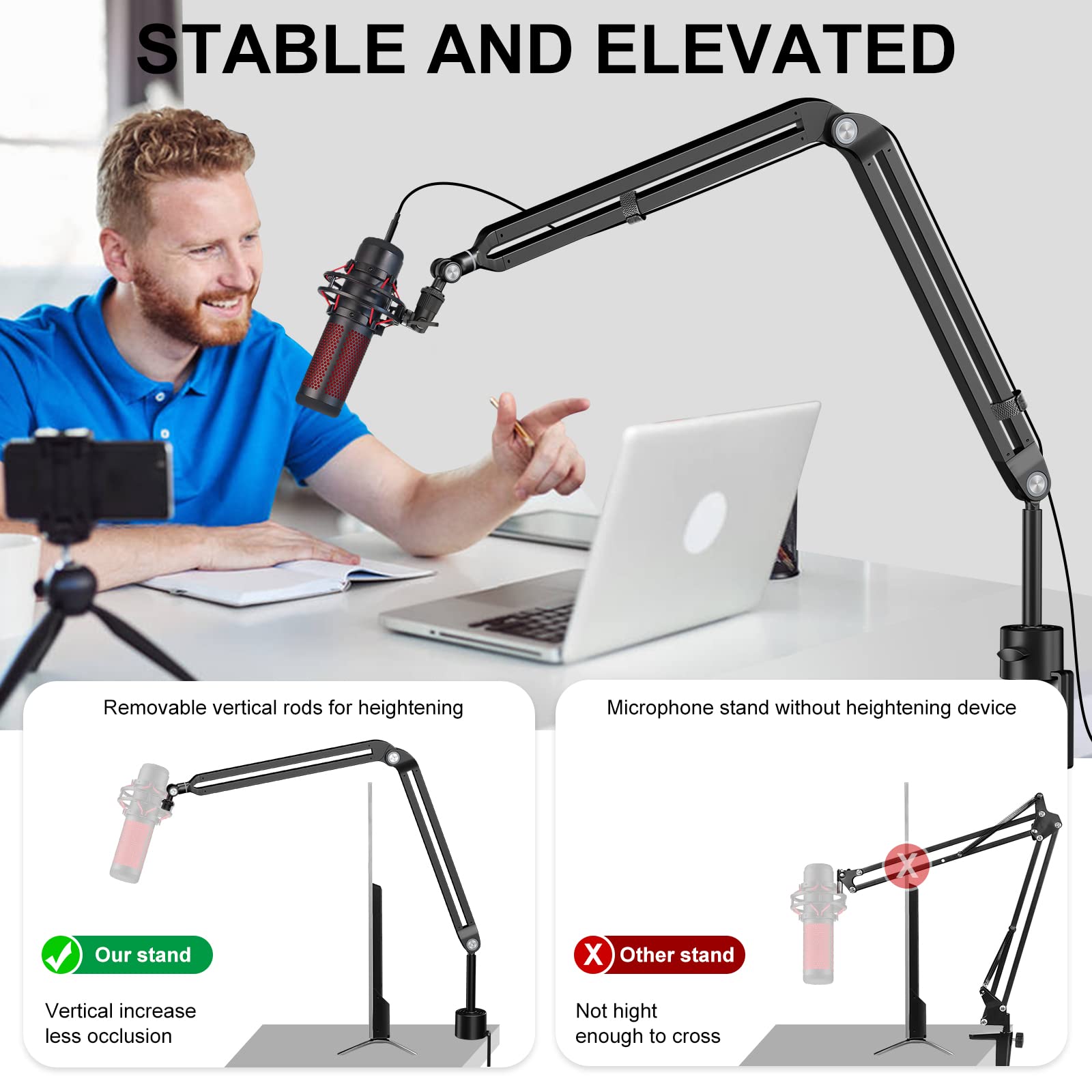 Aokeo Microphone Stand Desk Adjustable Compact Microphone Suspension Boom Scissor Arm Stand For Blue Yeti,Blue Snowball iCE, Professional Streaming, Voice-Over, Recording, Games