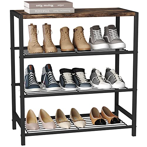 HOMEFORT 4-Tier Metal Shoe Rack, All-Metal Shoe Tower,Shoe Storage Shelf with MDF Top Board,Each Tier Fits 3 Pairs of Shoes,Entryway Shoes Organizer with Sturdy Metal Shelves in Rustic Brown,23.23"