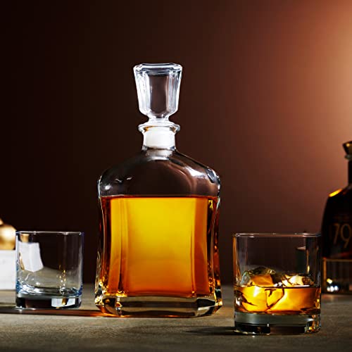Whiskey Decanter Set with Whiskey Glasses and Airtight Stopper for Vodka, Bourbon, Brandy. Italian Glass | 23.75oz with 2 pack 11oz glasses, Made in Italy