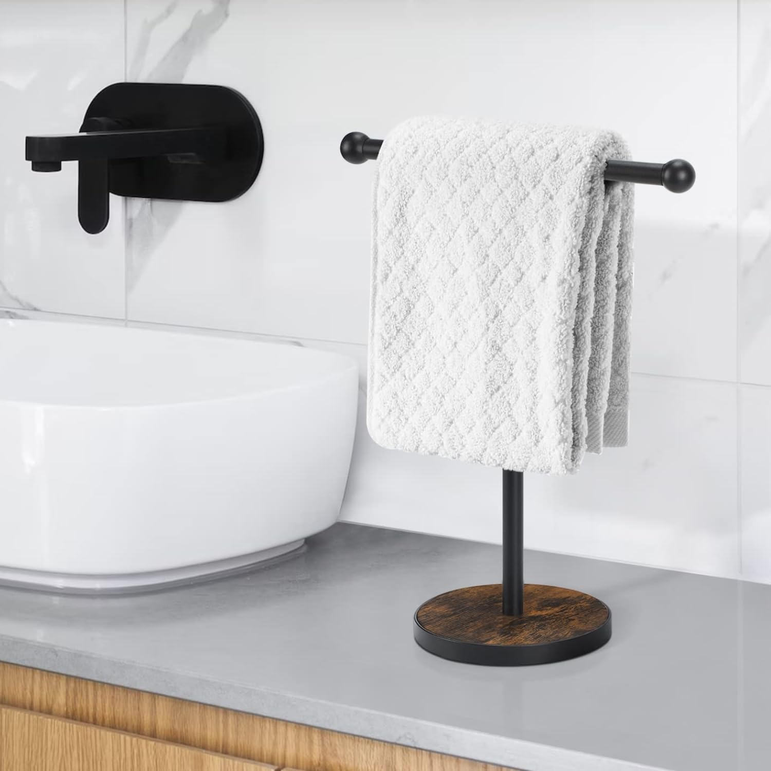 YINMIT Hand Towel Holder Stand, Matte Black T-Shape Free Standing Hand Towel Holder for Bathroom with Heavy Base, Height 15β Wood Countertop Towel Holder for Bathroom Kitchen Countertop Vanity