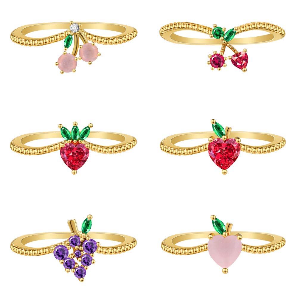 AOEDEJ 14K Gold Plated Fruit Rings Set Cute Stackable Tropical Fruit Pineapple Apple Cherry CZ Ring Sweet Cute Band Rings for Women