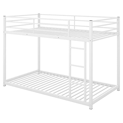 LostCat Bunk Bed Twin Over Twin, Low Bunk Beds with Safety Guardrail and Ladder, Metal Floor Bunk Bed with Slat Support, No Box Spring Needed, Easy Assembly, White