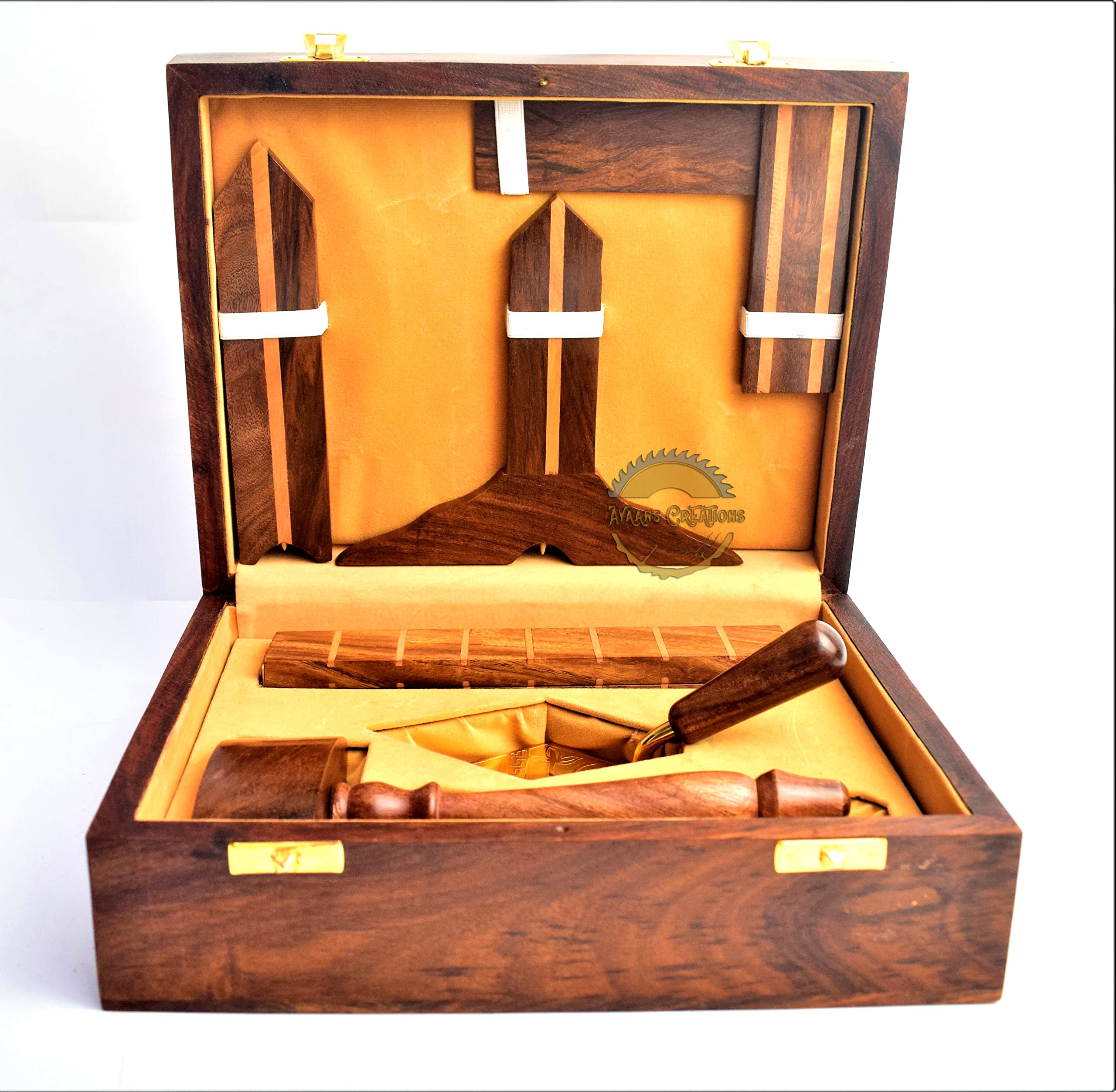 Wooden Masonic Plumb Square And Rule Wooden Masonic Working Tools set with Golden Color Plated trowel Fully Classic Creamy Theme by AYAANS (Cream Theme)
