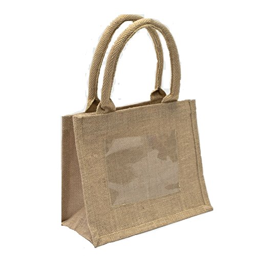 Mini Jute Gift Tote Bags w/ Clear Pocket for Wedding Favors, Crafts, Decorations (1)
